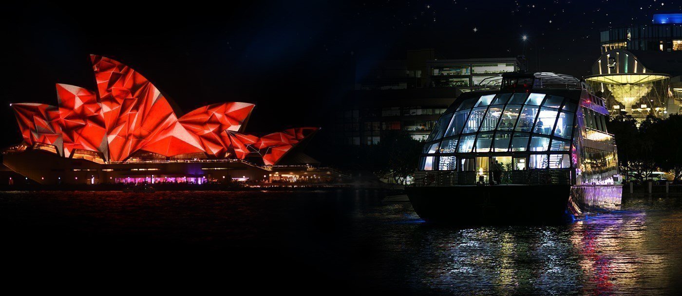 Vivid Sydney Glass Boat Sydney Harbour Dinner Cruise | Premium Dining